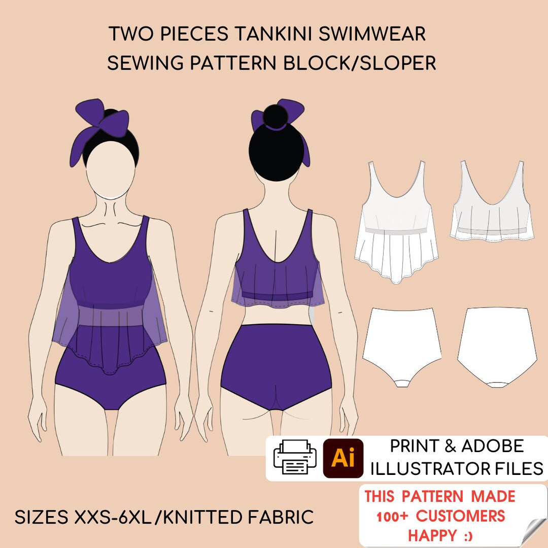 TANKINI Two-piece Set Pdf Sewing Pattern Block, Swimwear, Bathing Suit ...