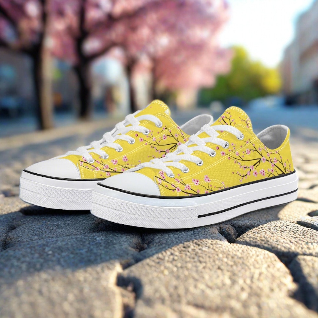 Yellow Converse Style Cherry Blossom Low Tops, Original Sakura Shoes ...