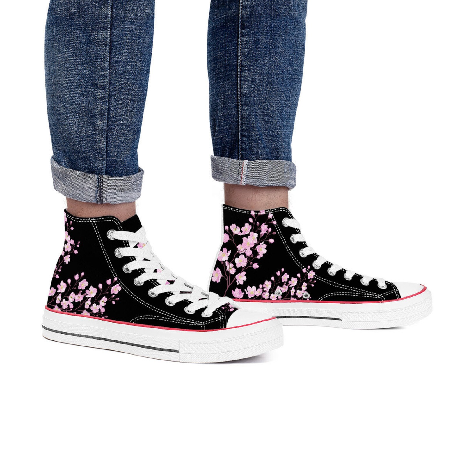 Black Cherry Blossom Converse-style High Top Sneakers: Black Canvas ...