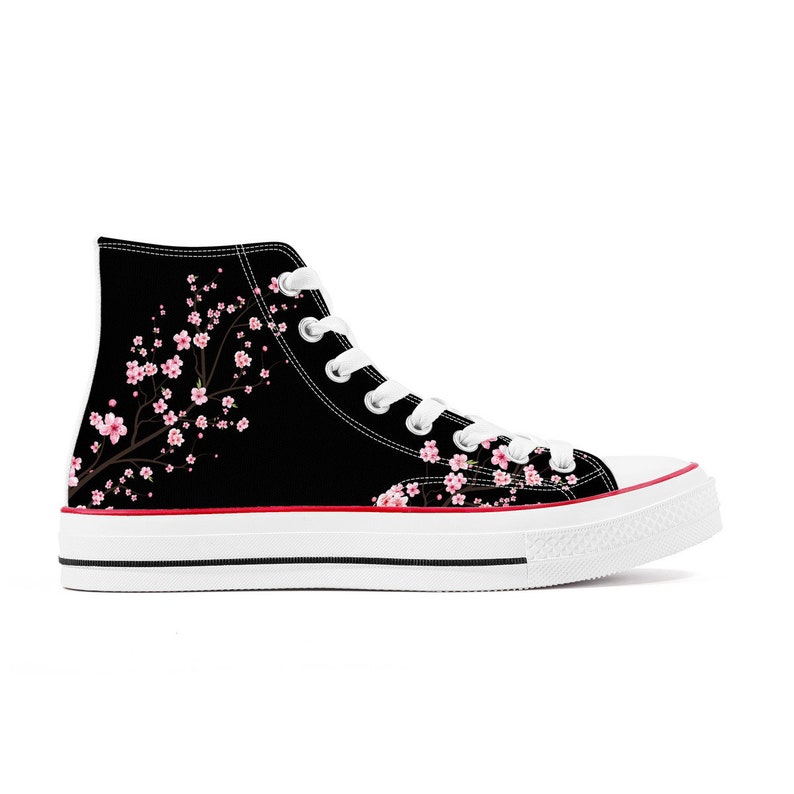 Black Unisex Cherry Blossom Converse Style High Tops, Original Sakura ...