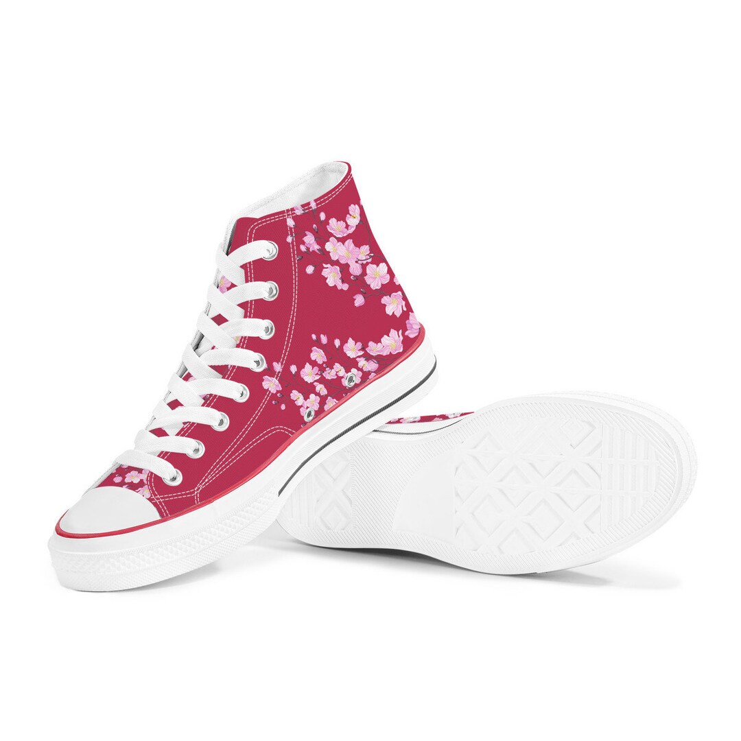 Converse-style Red Cherry Blossom High Top Sneakers: Sakura Canvas ...