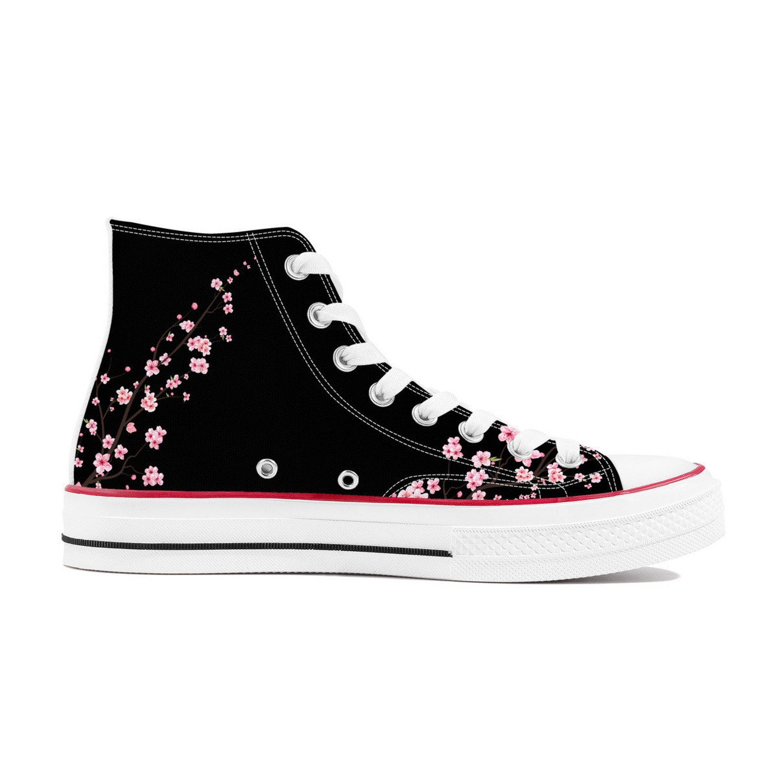 Black Unisex Cherry Blossom Converse Style High Tops, Original Sakura ...