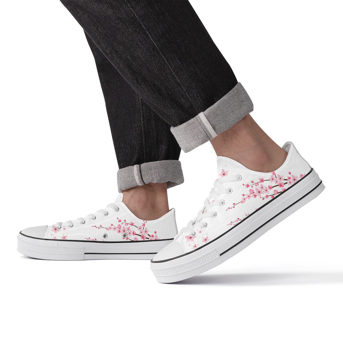 White Unisex Cherry Blossom Converse Style Low Tops, Original Sakura ...
