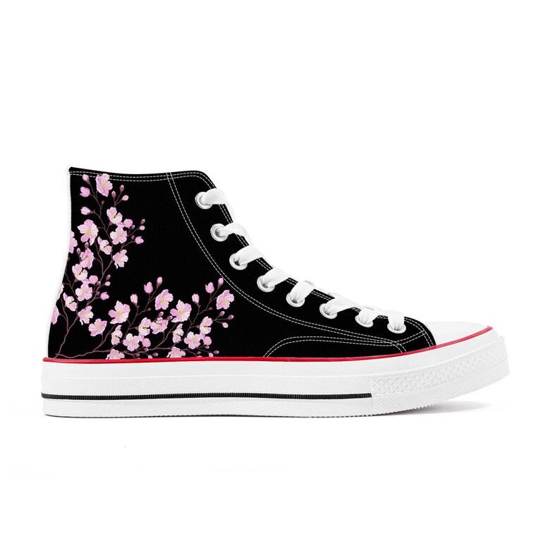 Black Cherry Blossom Converse-style High Top Sneakers: Black Canvas ...