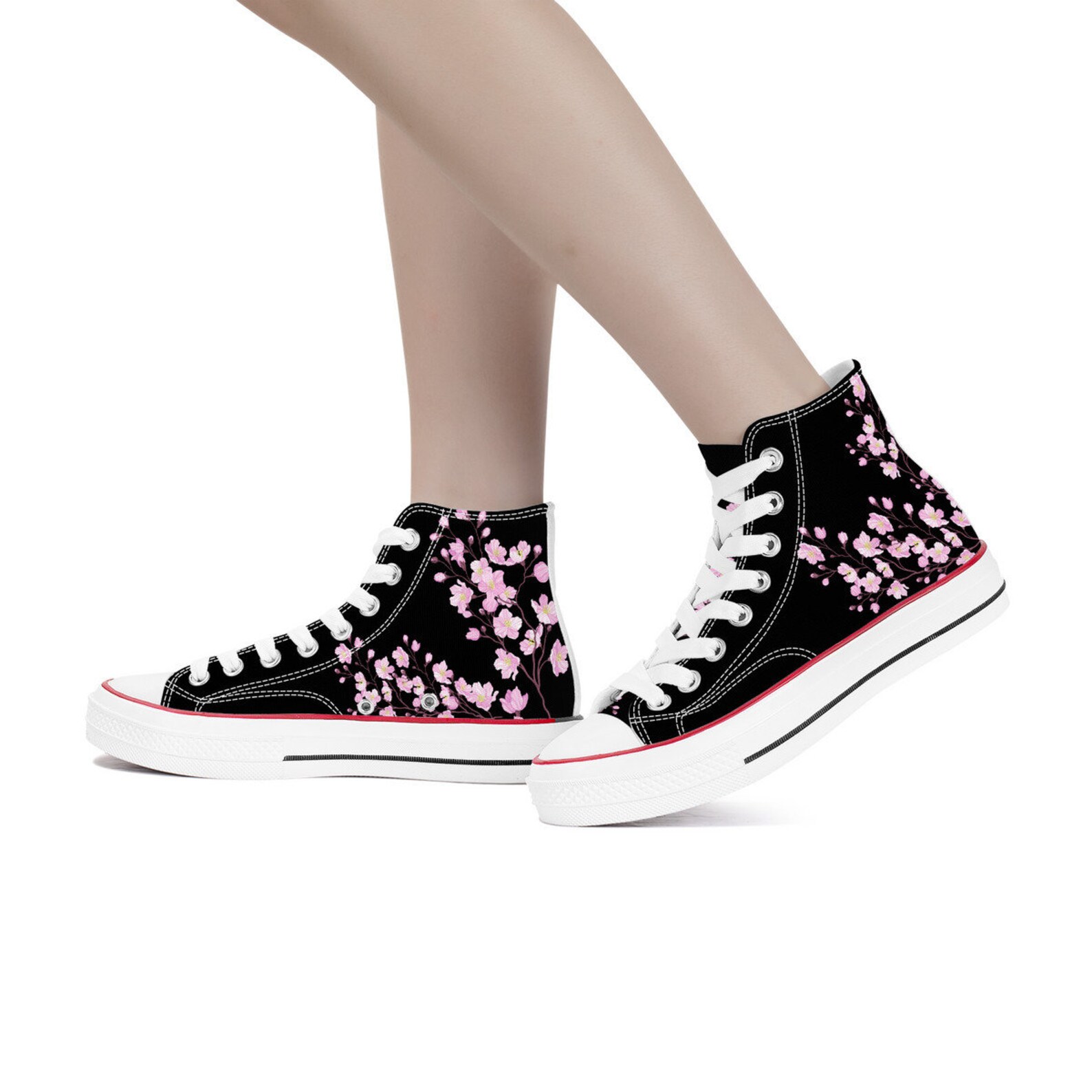 Black Cherry Blossom Converse-style High Top Sneakers: Black Canvas ...