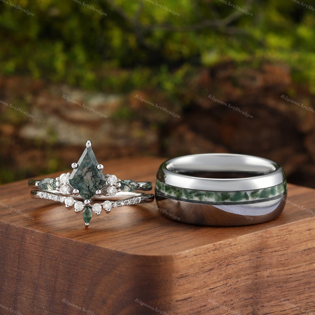 Skye Kite Green Moss Agate Ring Couples Ring Set His and Hers Wedding ...