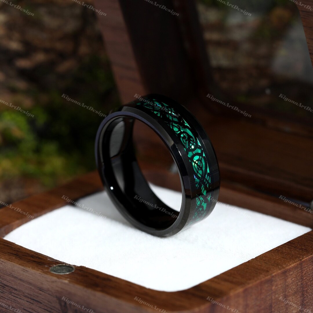 Green Celtic Dragon Tungsten Ring Men 8mm Music Note Ring Wedding Band ...