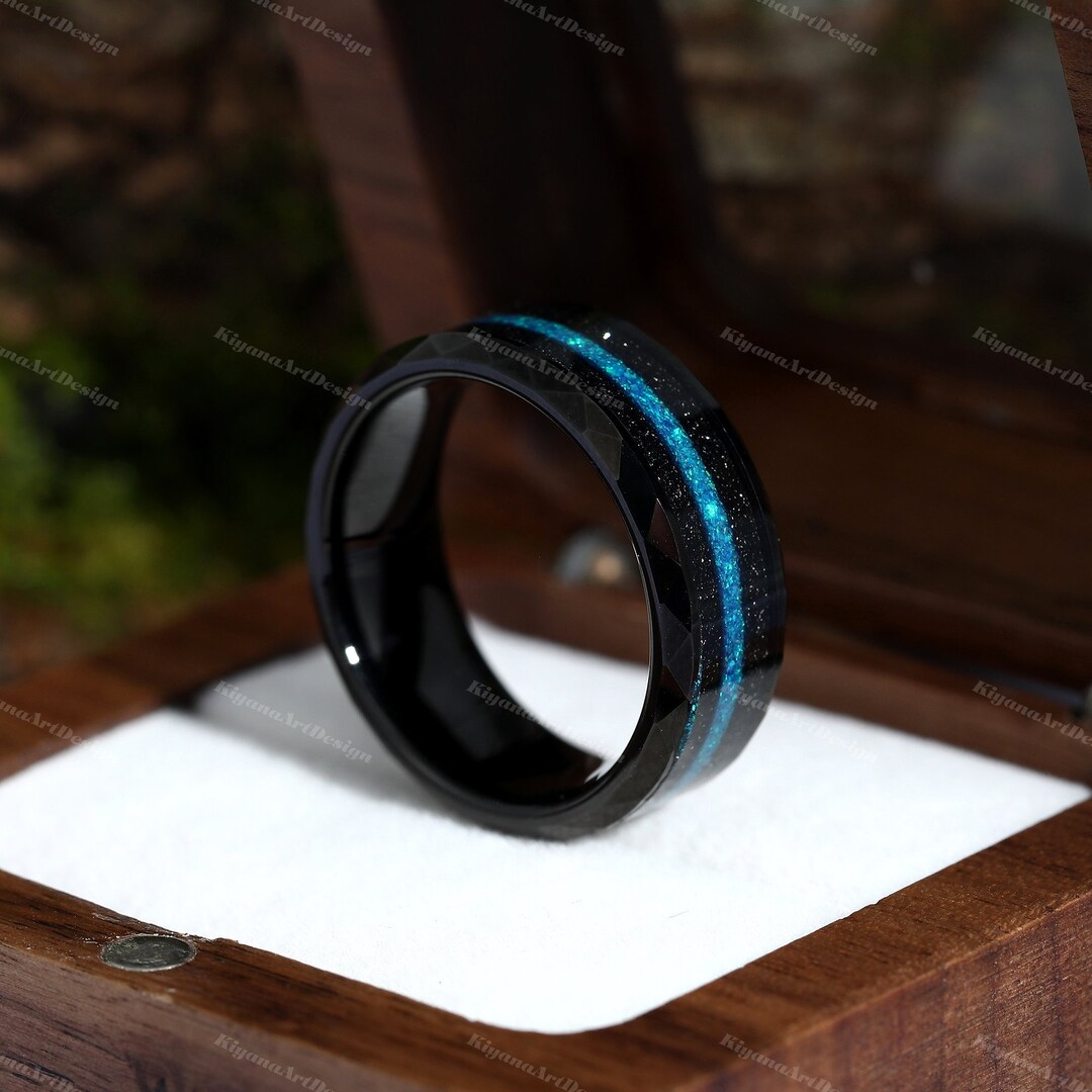 Custom Space Galaxy Ring Engraved Meteorite Tungsten Ring Channel ...