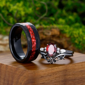 Oval Garnet & Crushed Red Ruby Ring Set Matching Couple Rings His and ...