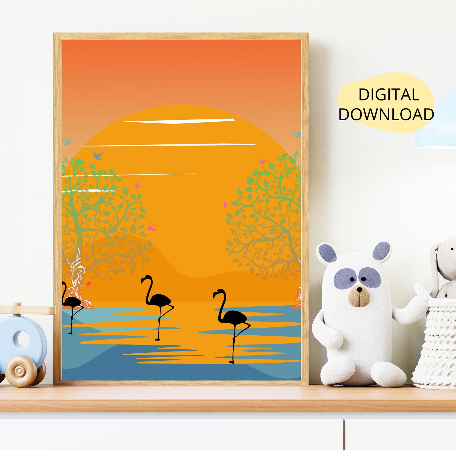 Downloadable Print, Home Art, Magnificent Sunset View With Flamingos ...