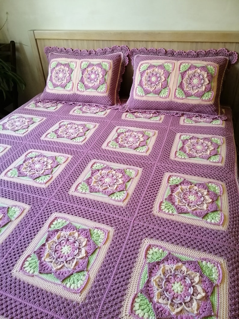 Large Pink Crochet Blanket With Flowers and Two Pillows for a Bed or ...