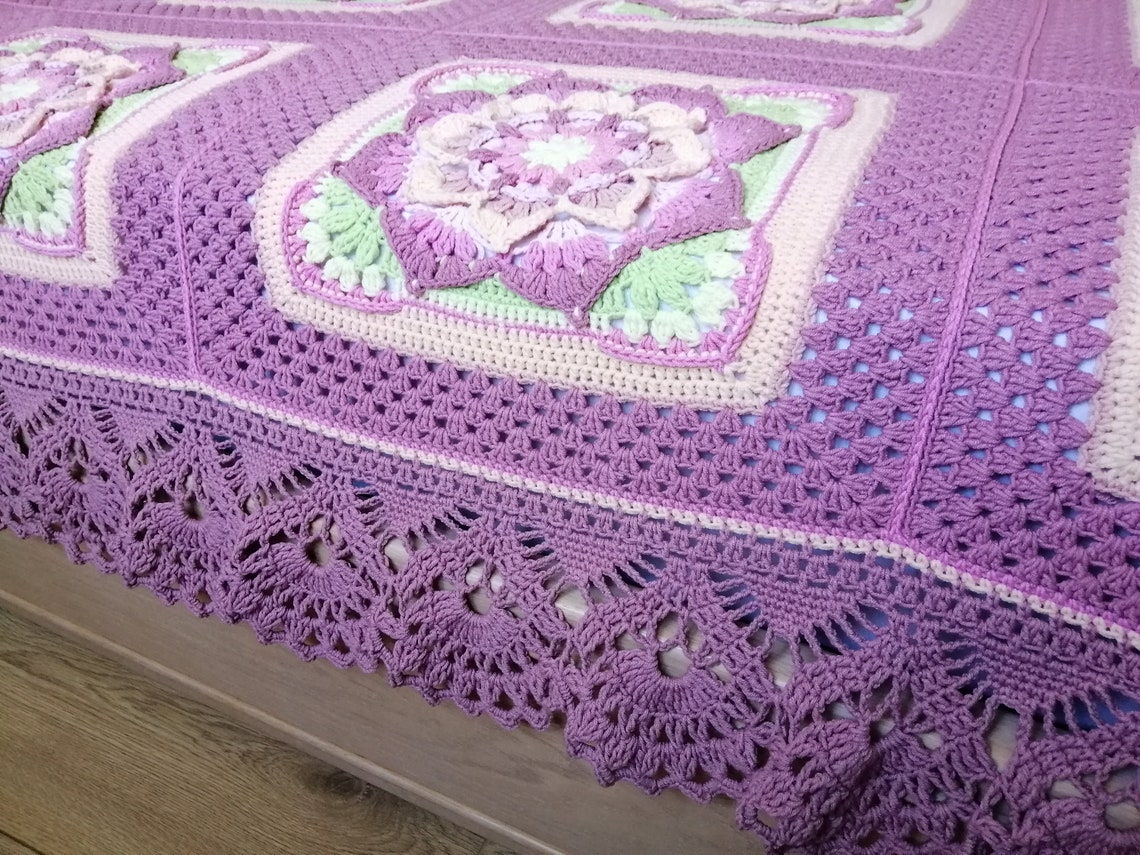 Large Pink Crochet Blanket With Flowers and Two Pillows for a Bed or ...