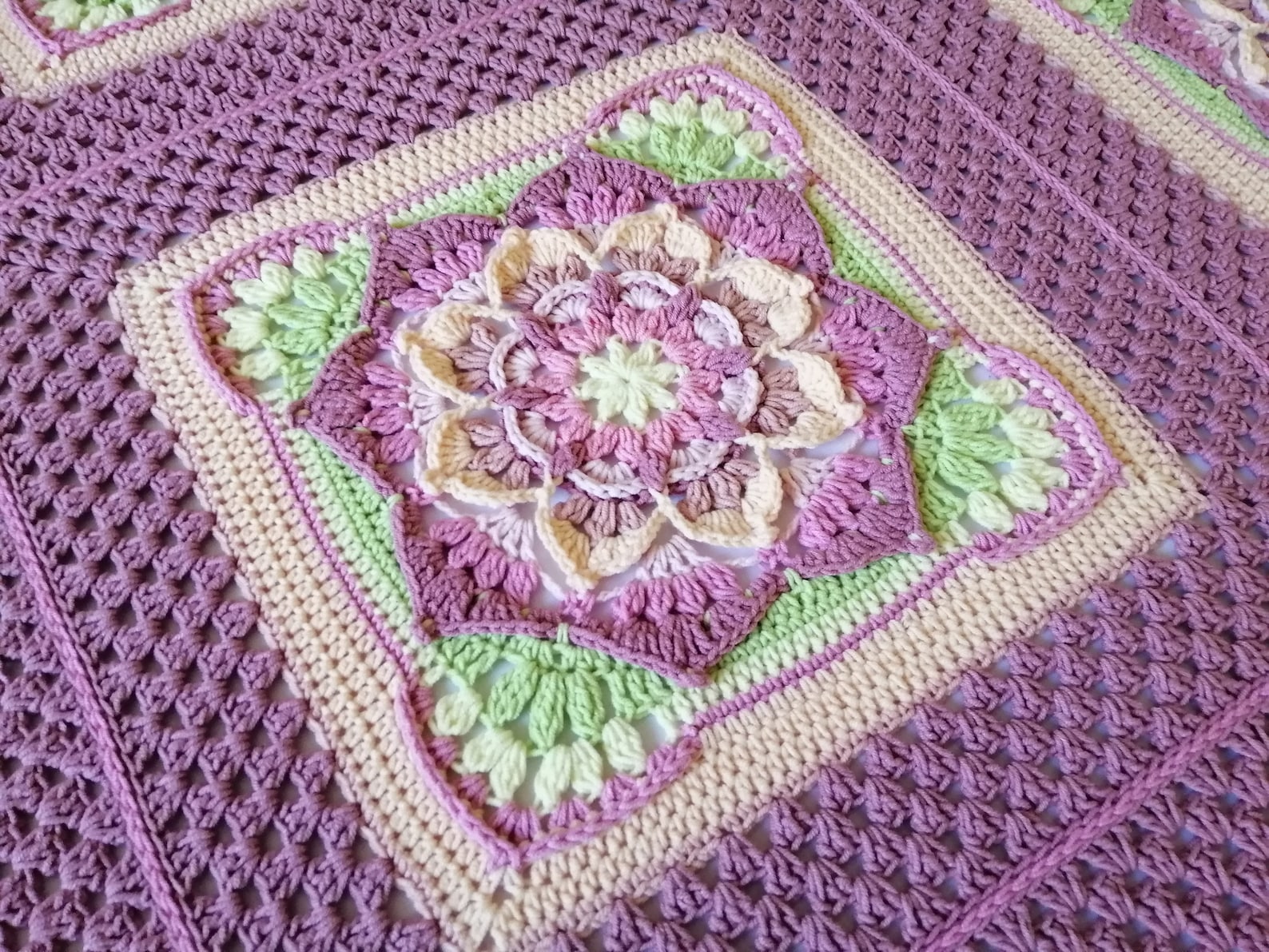 Large Pink Crochet Blanket With Flowers and Two Pillows for a Bed or ...