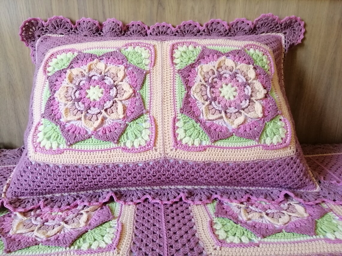 Large Pink Crochet Blanket With Flowers and Two Pillows for a Bed or ...