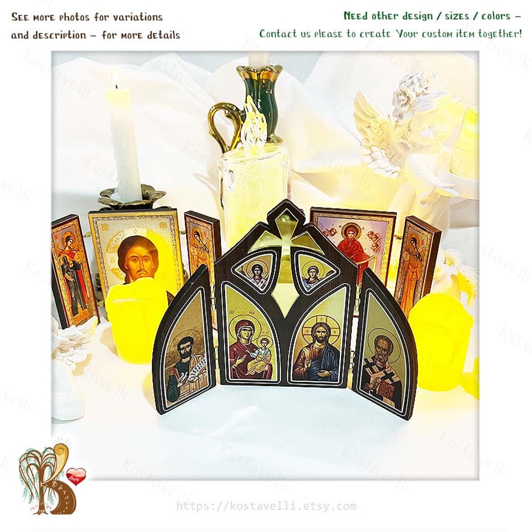 Triptych Wooden Icon Jesus Christ Archangels St. Nicholas Religious Gift Prayer Christian ...