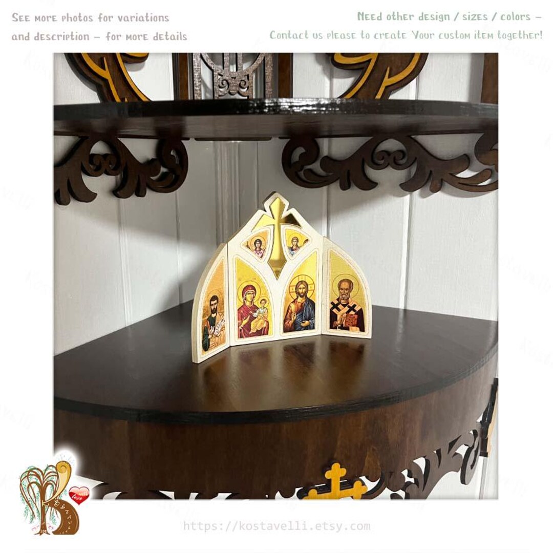 Triptych Wooden Icon Jesus Christ St. Nicholas Archangels Religious ...