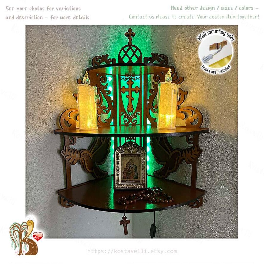 Wooden Prayer Altar Shelf With LED Lights – Iconostasis Display ...