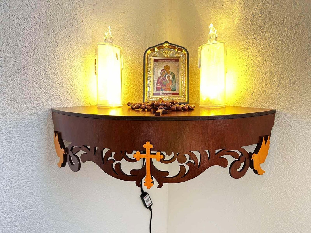 Corner Shelf Light Catholic Christian Orthodox Walnut Display Prayer ...