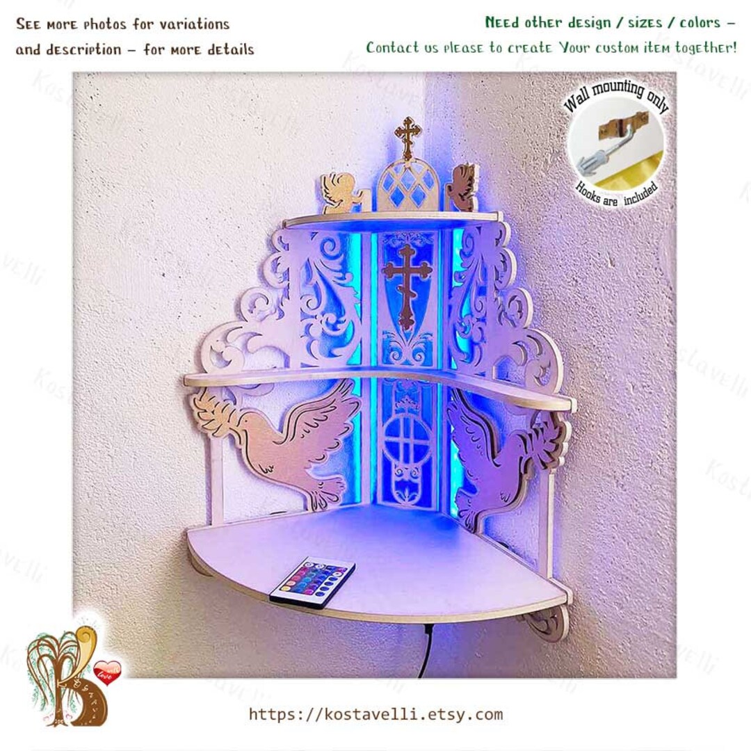 Wooden Corner Shelf White Night Light LED Christian Catholic Orthodox ...