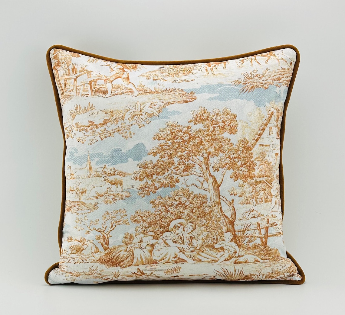 French Blue Toile Pillow Cover With Optional Velvet Welt Piping - Etsy