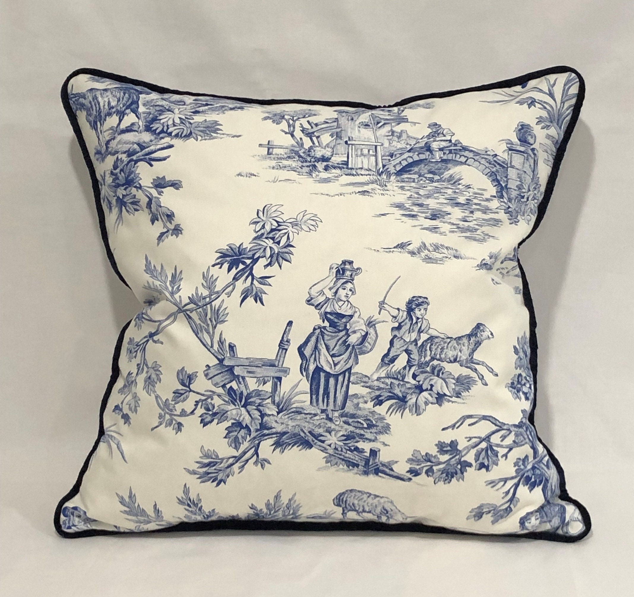 Blue Toile Pillow Cover With Optional Blue Velvet Welt Piping Trim - Etsy