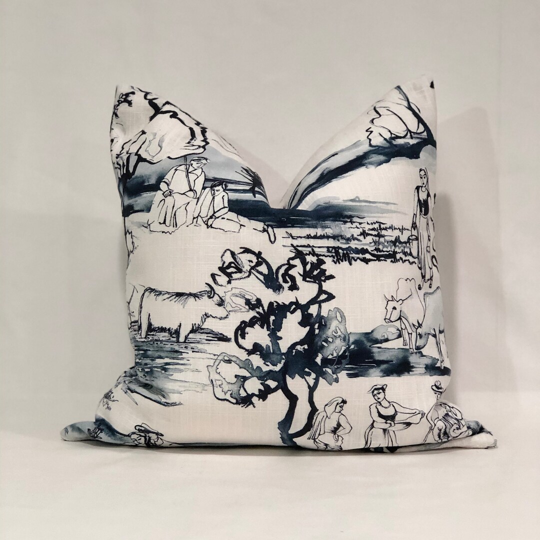 Navy Blue and White Watercolor Toile Pillow Cover - Etsy