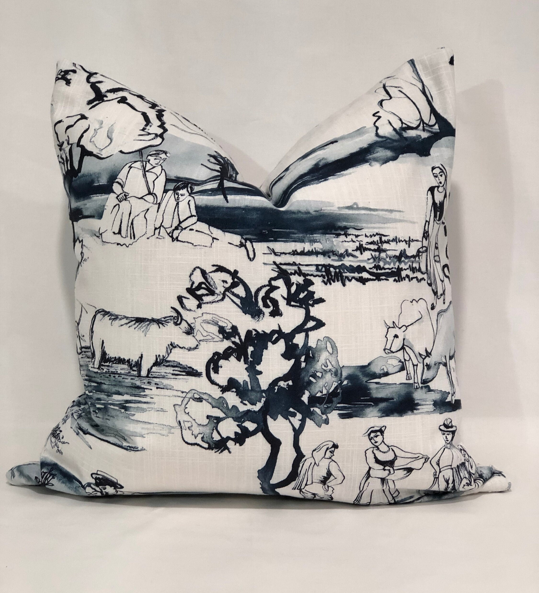 Navy Blue and White Watercolor Toile Pillow Cover | Etsy