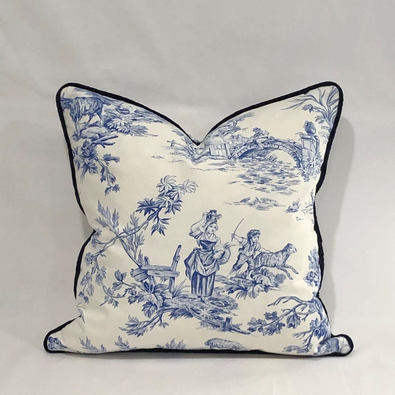Blue Toile Pillow Cover With Optional Blue Velvet Welt Piping Trim - Etsy