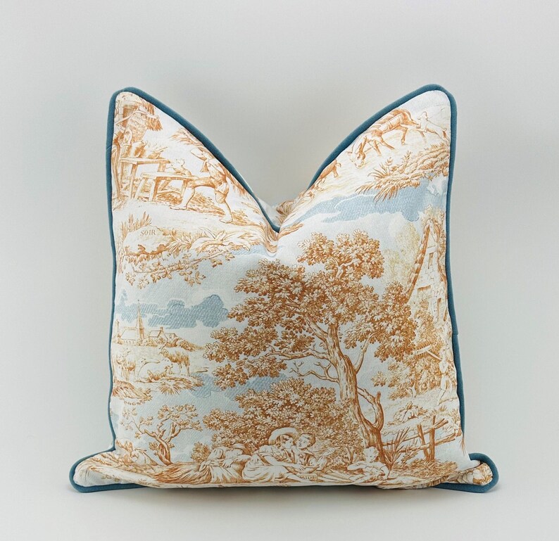 French Blue Toile Pillow Cover With Optional Velvet Welt Trim - Etsy