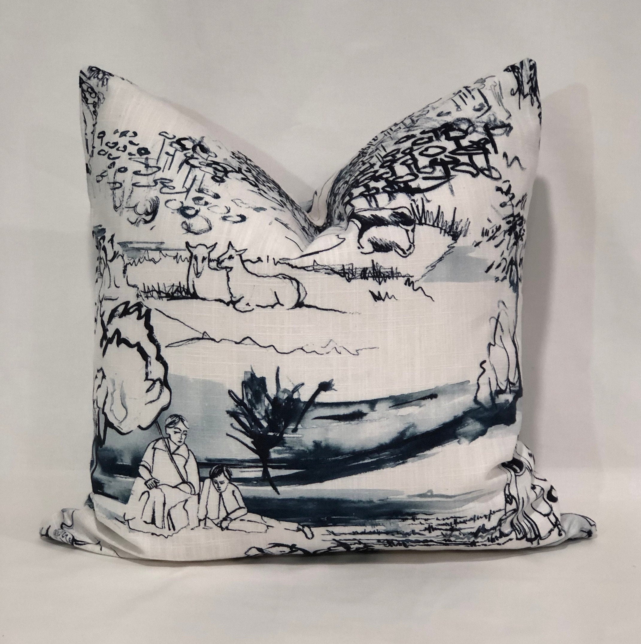 Navy Blue and White Watercolor Toile Pillow Cover | Etsy