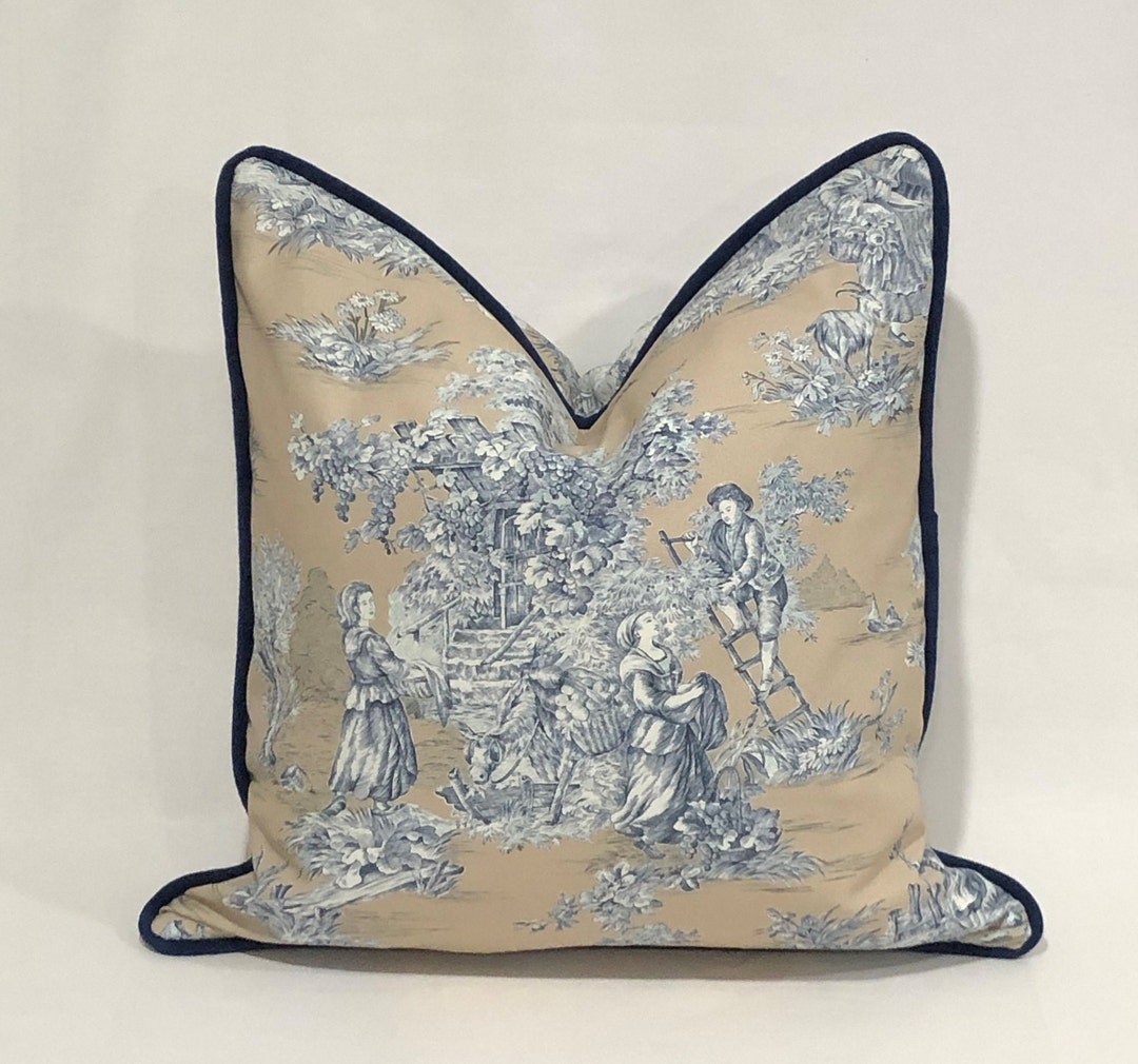 Tan and Blue Toile Pillow Cover With Optional Blue Velvet Welt Cord ...