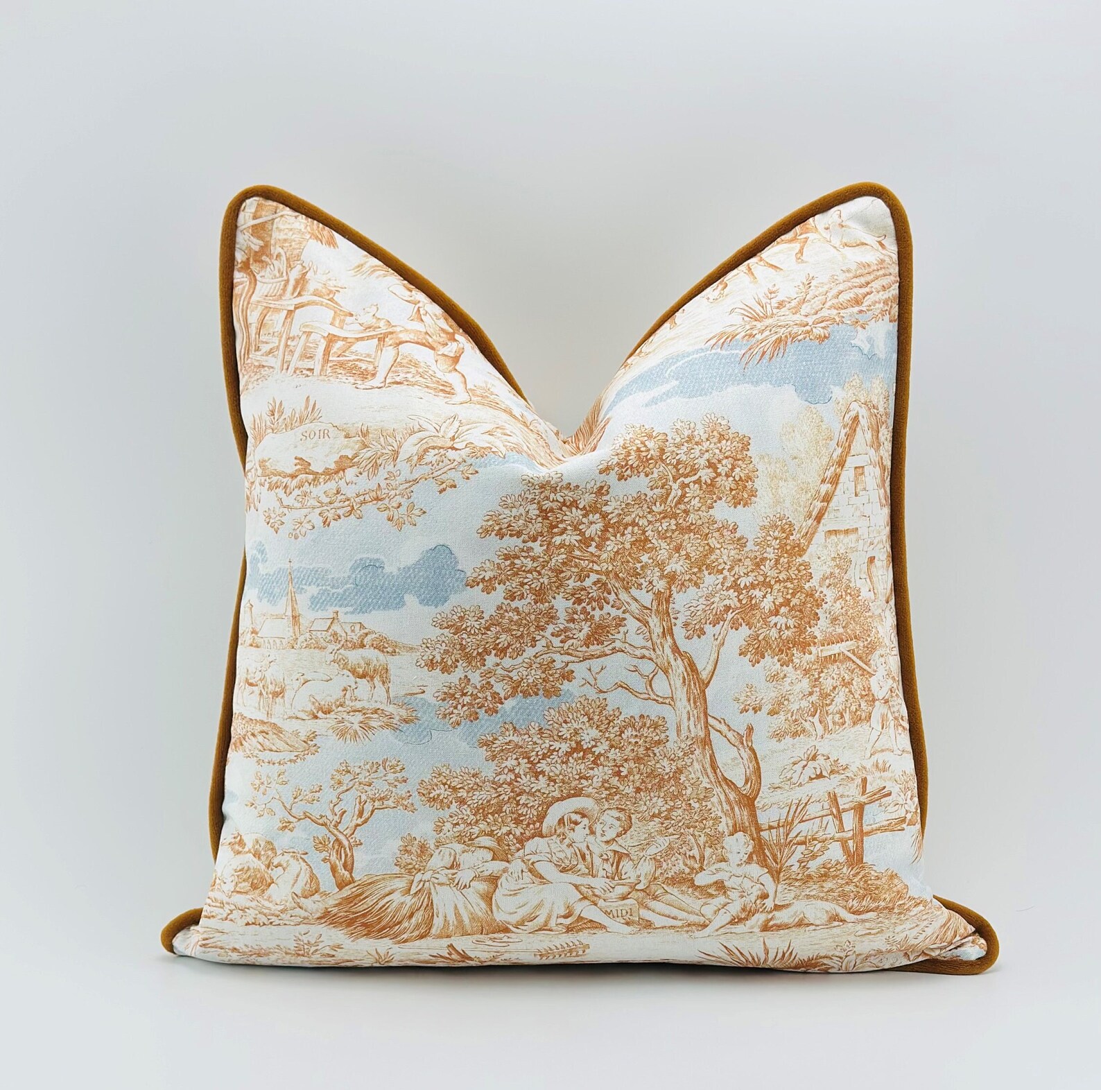French Blue Toile Pillow Cover With Optional Velvet Welt Piping - Etsy