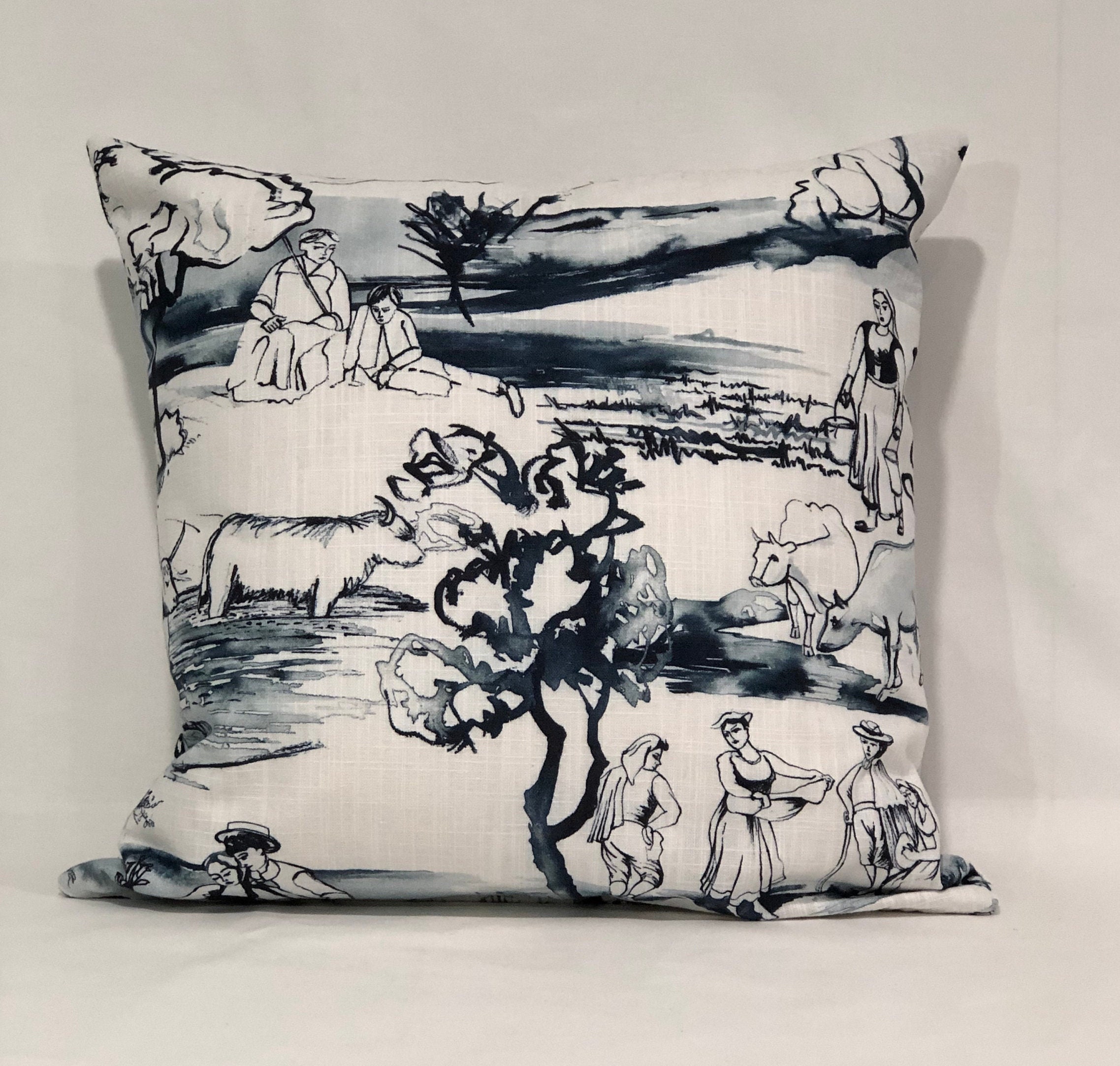 Navy Blue and White Watercolor Toile Pillow Cover - Etsy