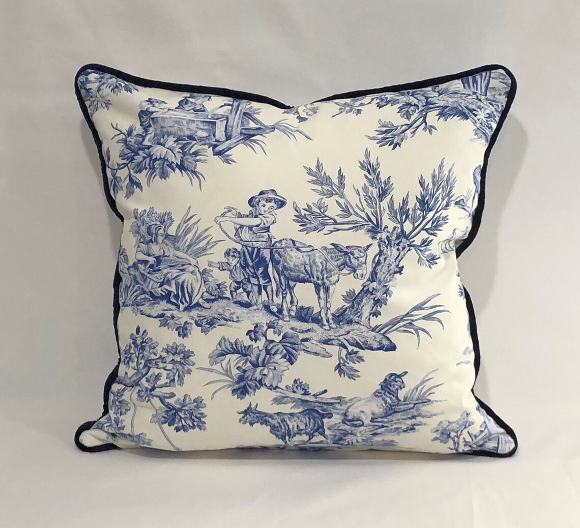 Blue Toile Pillow Cover With Optional Blue Velvet Welt Piping Trim - Etsy