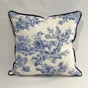 Blue Toile Pillow Cover With Optional Blue Velvet Welt Piping Trim - Etsy