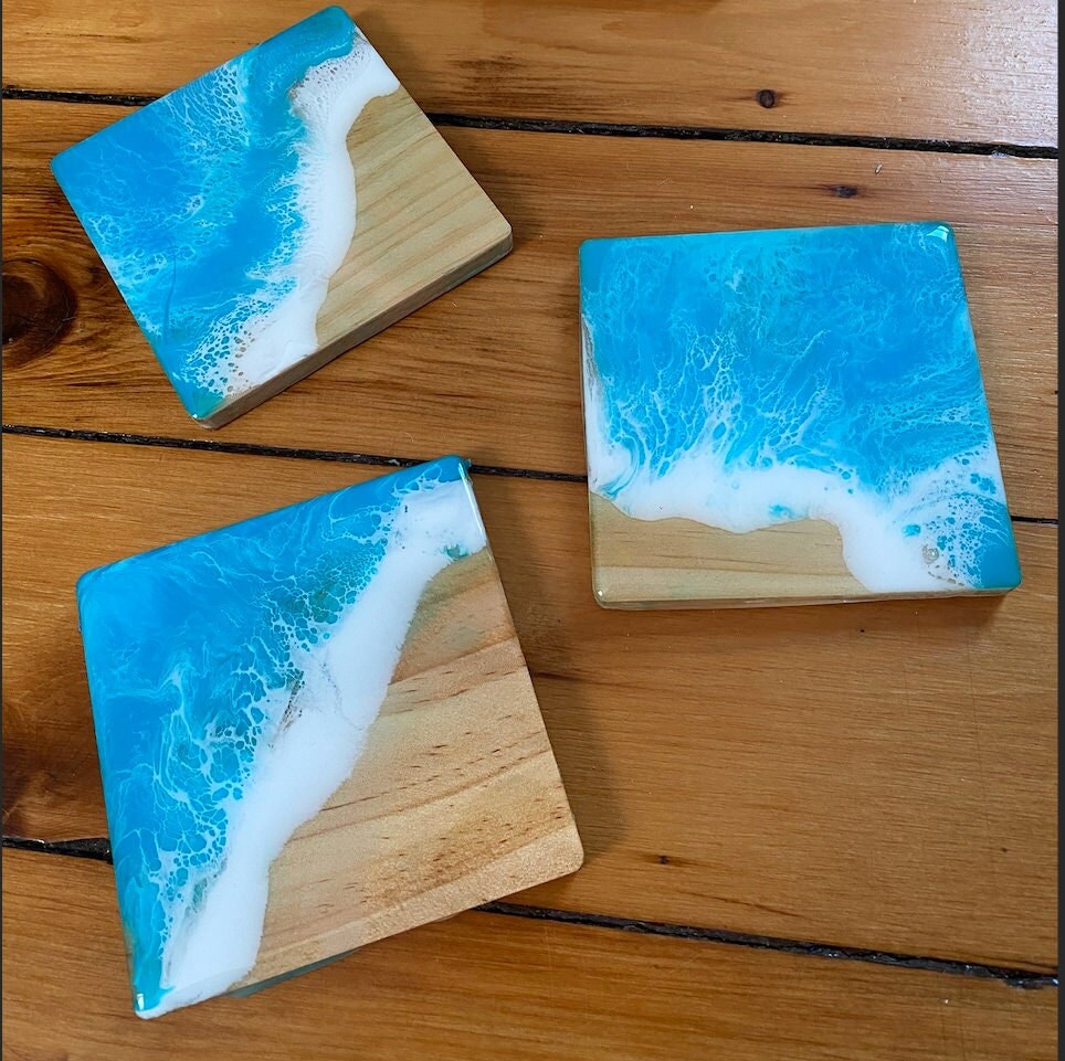 Ocean Epoxy Covered Wood Coasters - Etsy