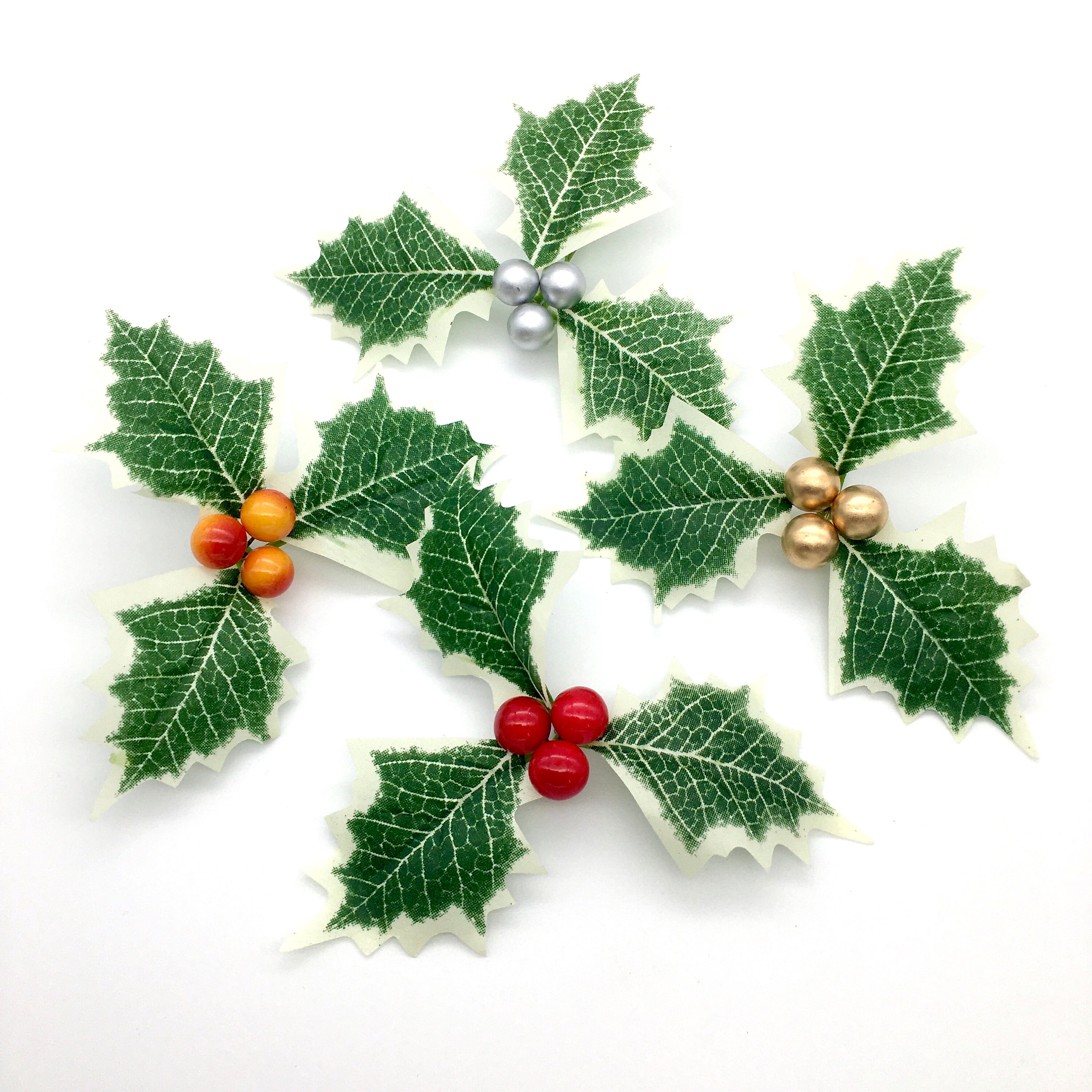 Christmas Holly Leaves With Berries Fabric Silk Ornaments Home ...