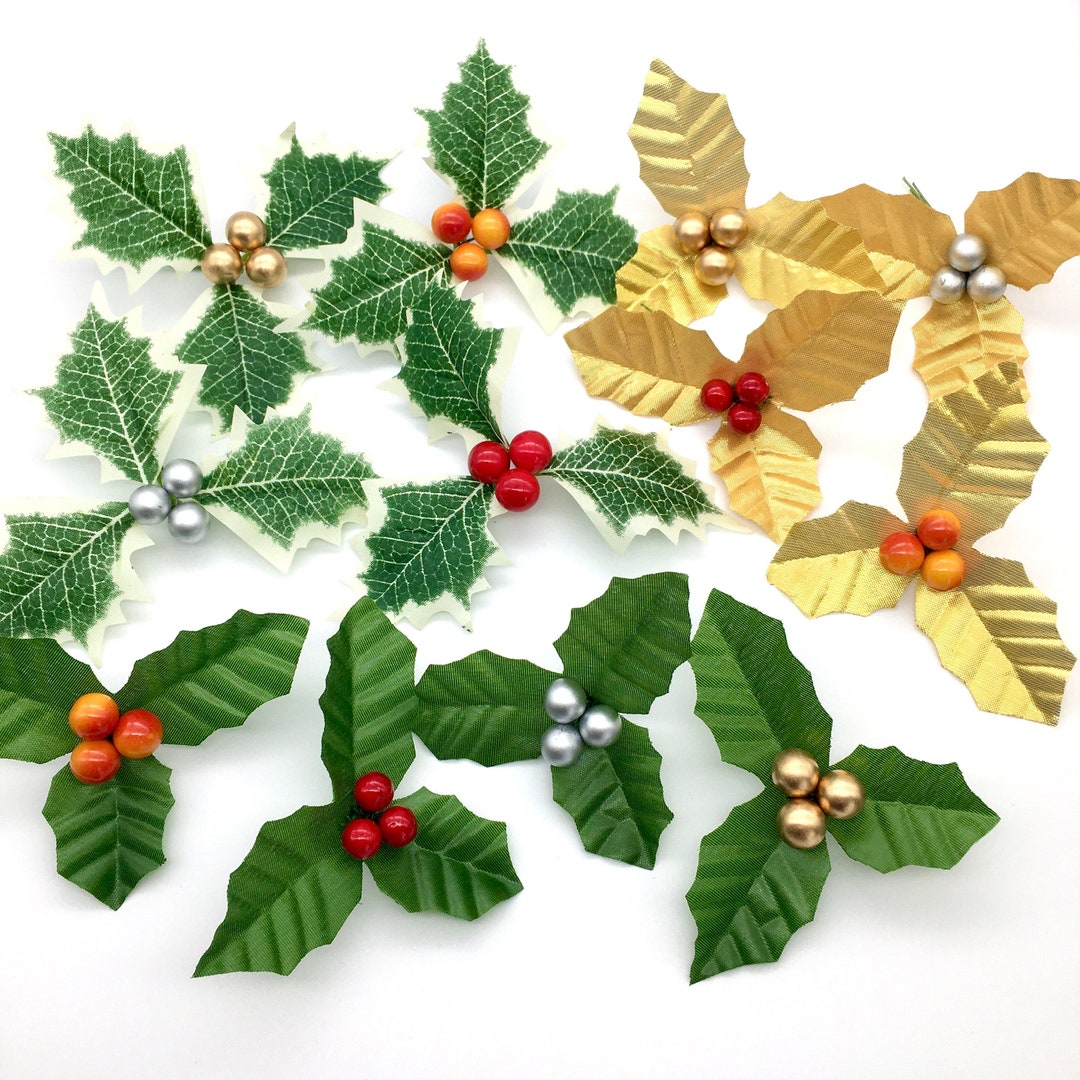 Christmas Holly Leaves With Berries Fabric Silk Ornaments Home ...
