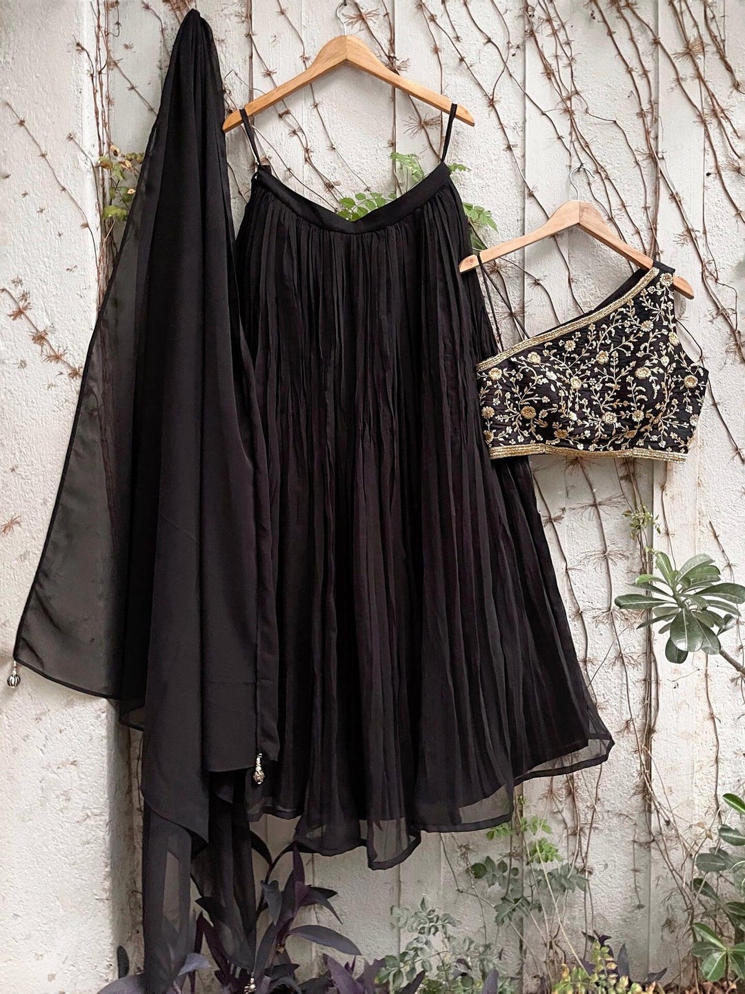 Black One Shoulder Top Lehenga Set, Wedding Reception Outfits ...