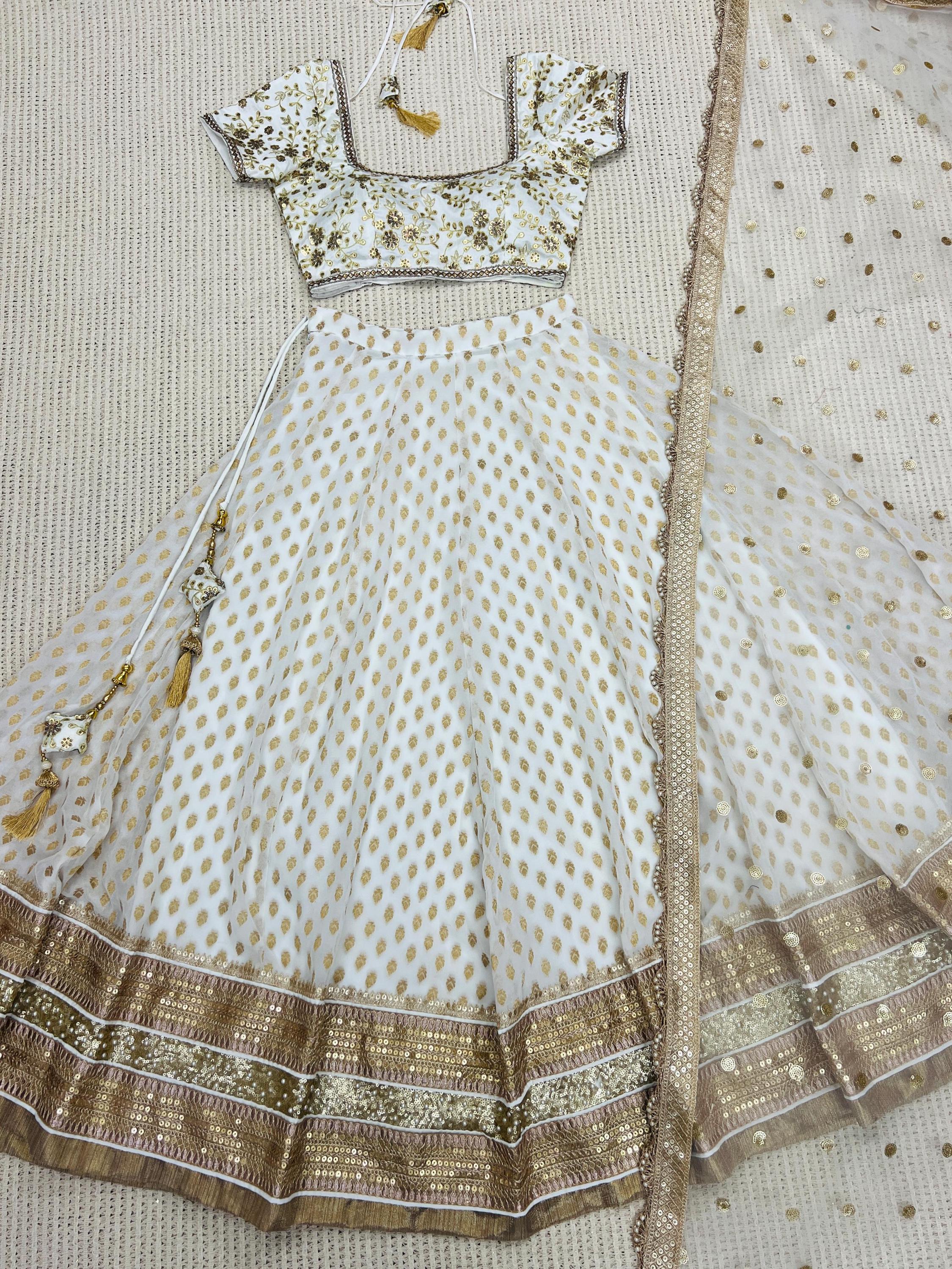 White and Gold Chikankari Lehenga Choli for Bridesmaids, Designer Ivory ...