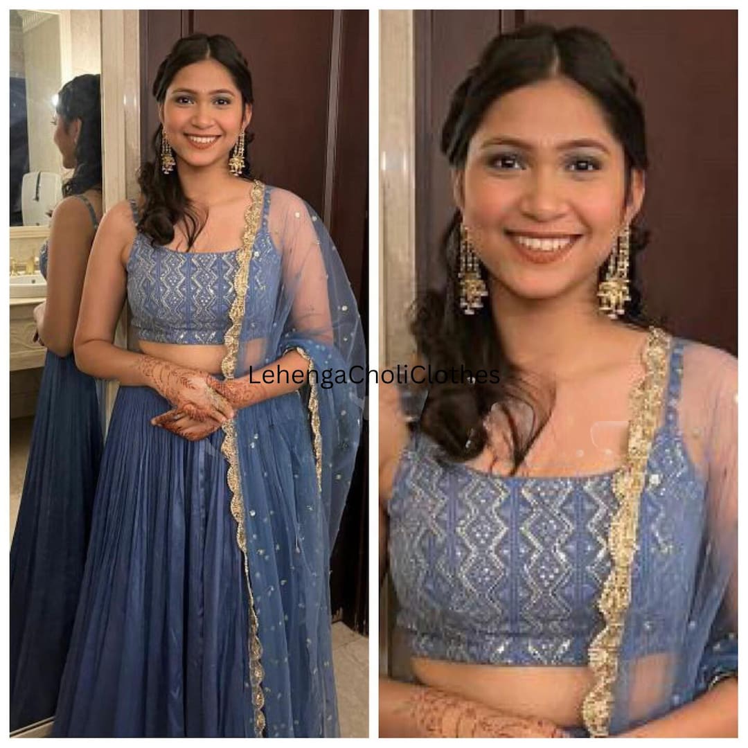 Designer Indian Periwinkle Noodle Strap Lakhnavi Lehenga, Made to ...