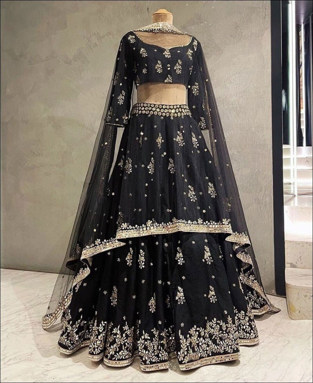 Black Slub Silk Lehenga Choli With Embroidery Work and Paper Mirror ...