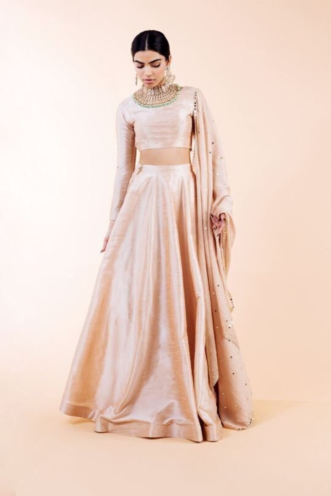 Buy Pale Peach Sami Raw Silk Skirt With Full Sleeves Top and Mirror ...