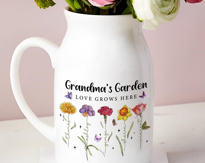 Custom Birth Month Flowers Grandma Vase, Personalized Grandma's Garden ...