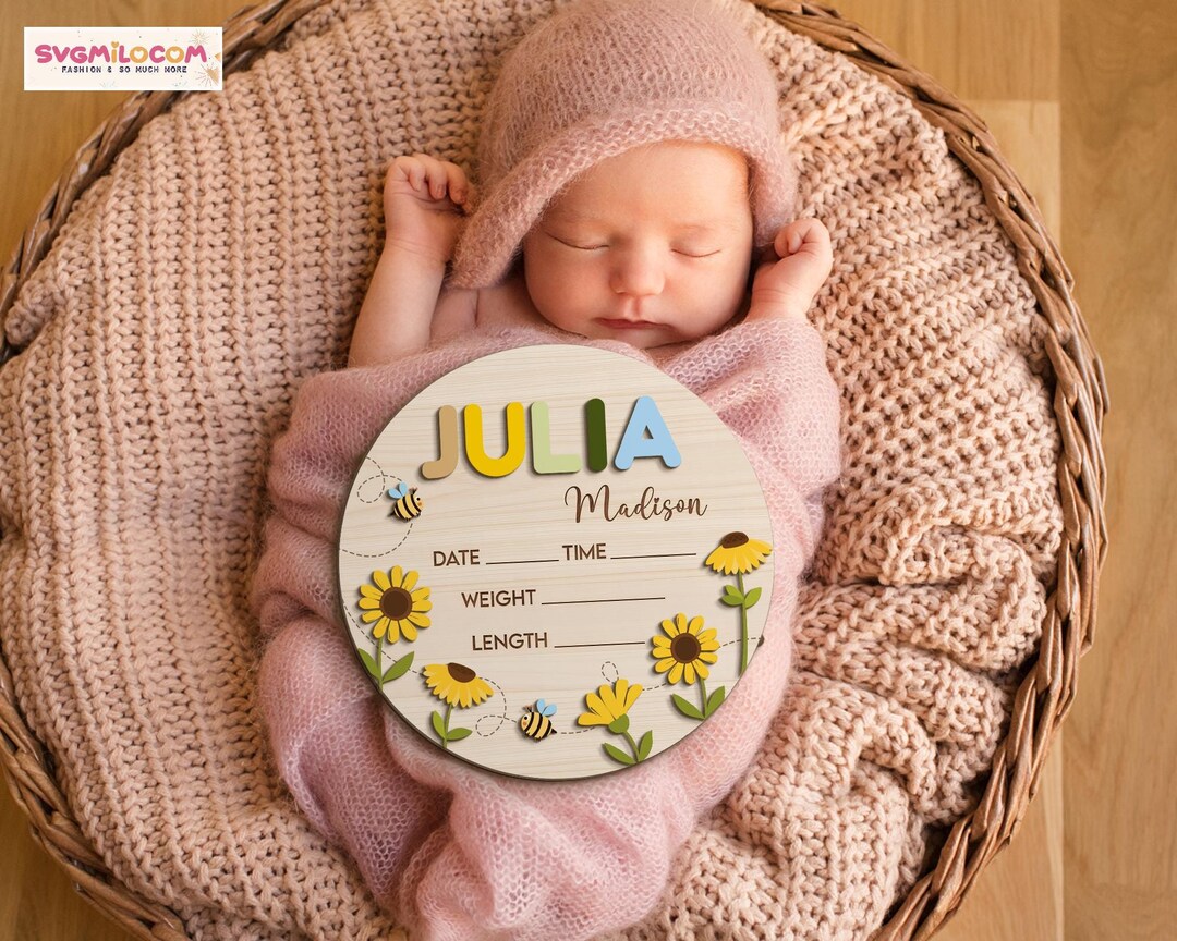 Sunflower Baby Name Sign, Baby Announcement Sign With Birth Stats, Baby ...