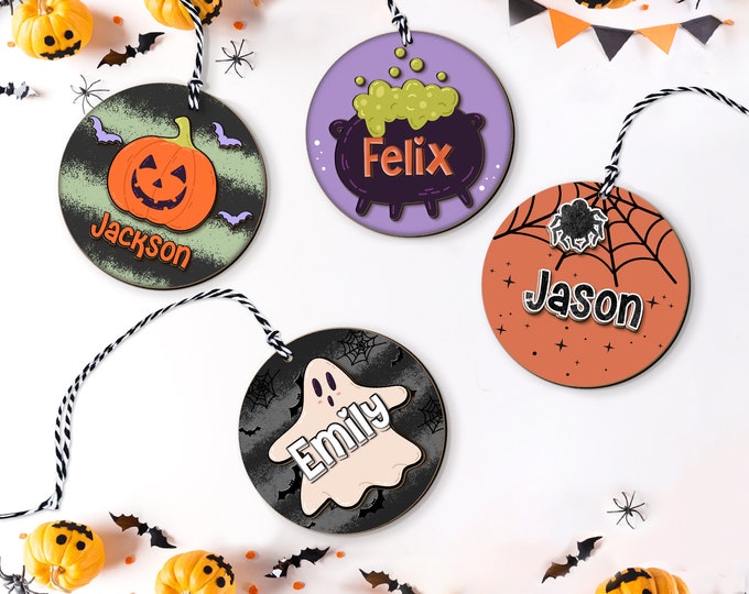 Custom Halloween Name Tag, Personalized Wooden Basket Tag, Halloween ...