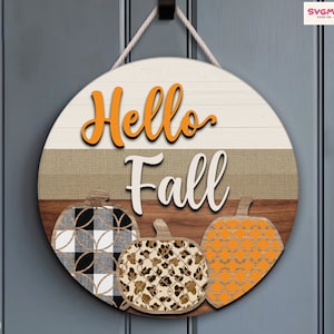 Hello Fall Door Sign, Fall Door Hanger, Cute Pumpkin Door Hanger ...