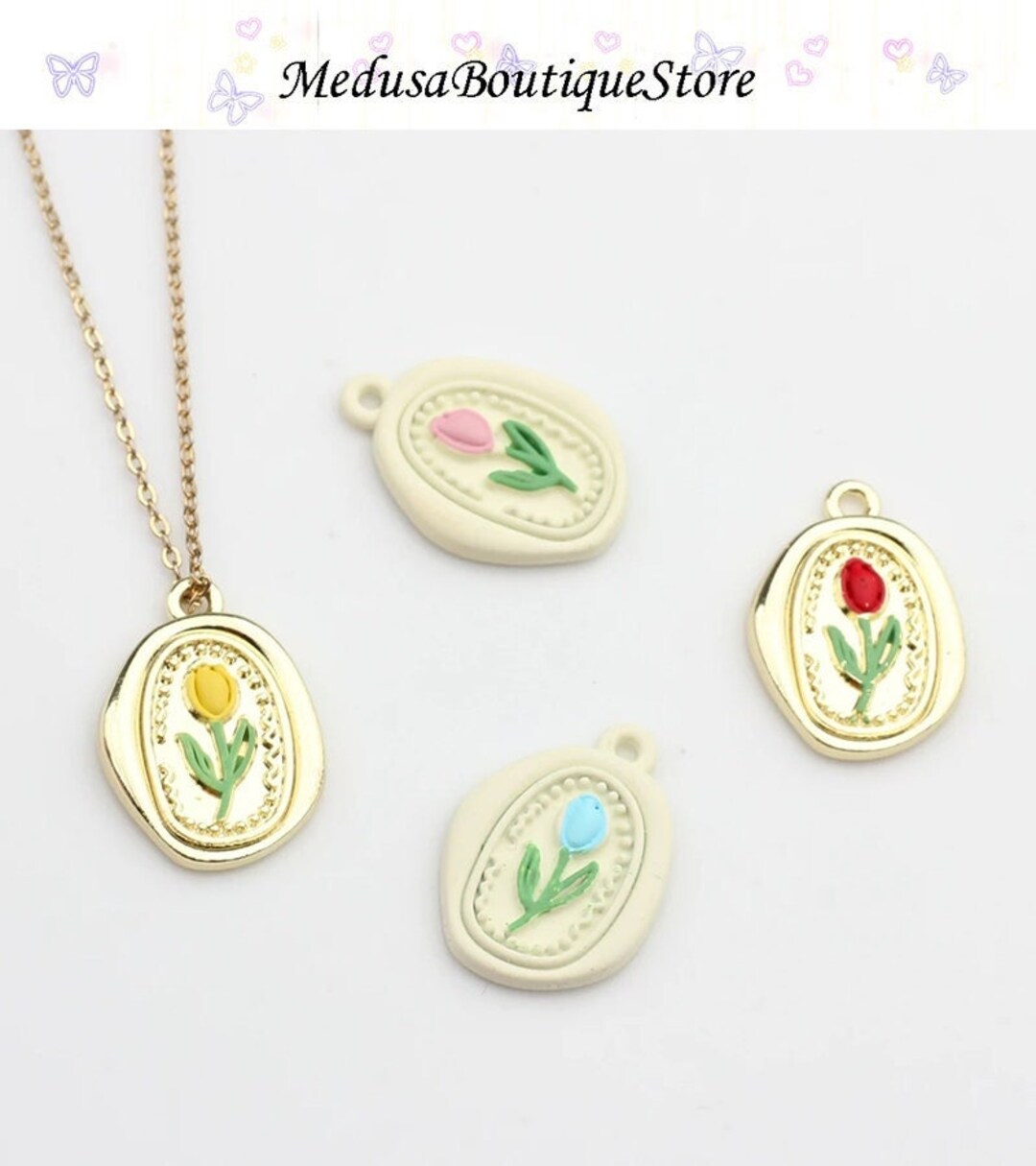 5pcs Tulip Charms, Seal Wax Style Flower Pendant, DIY Bracelet Necklace ...