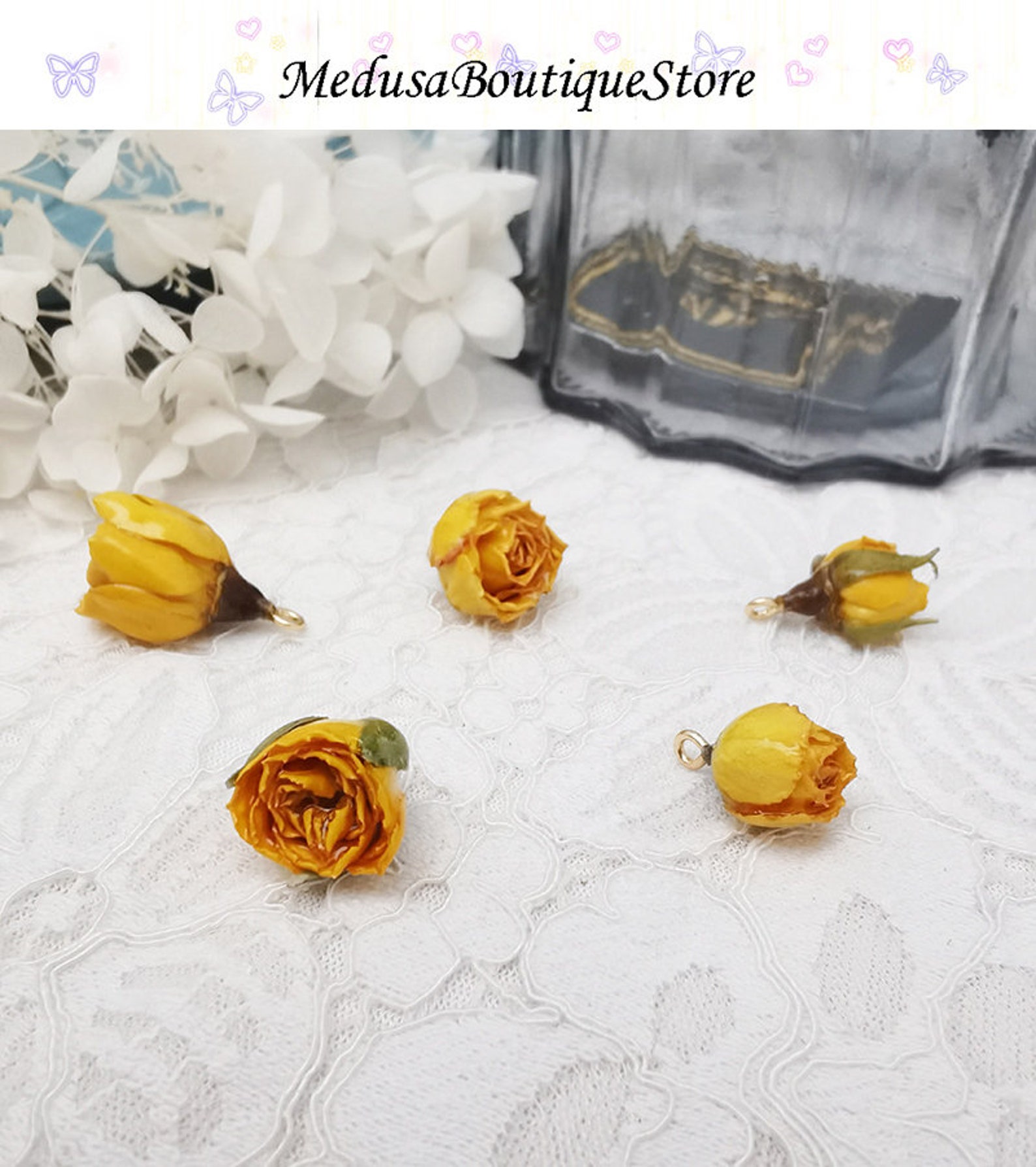 2pcs Real Rose Flower Charms, Resin Rosebud Flower Pendant, DIY ...