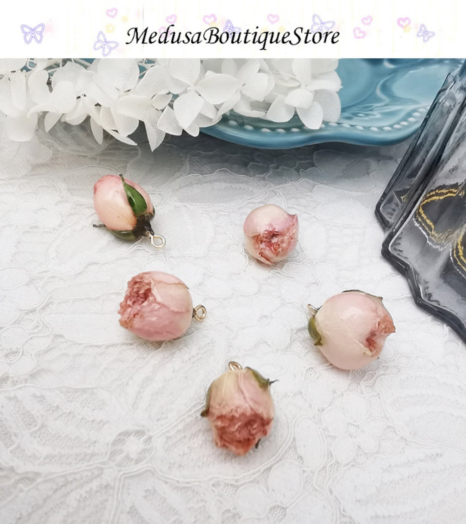2pcs Real Rose Flower Charms, Resin Rosebud Flower Pendant, DIY ...